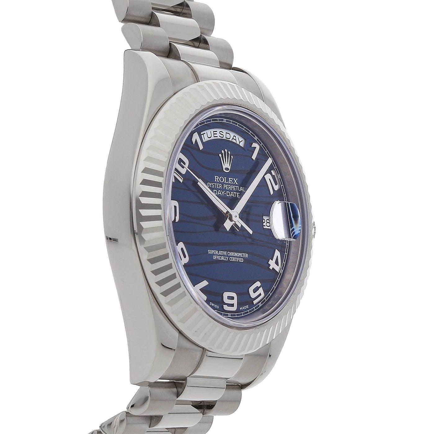 Rolex Day Date 2 41mm White Gold Blue Wave 218239 – Clock Concierge