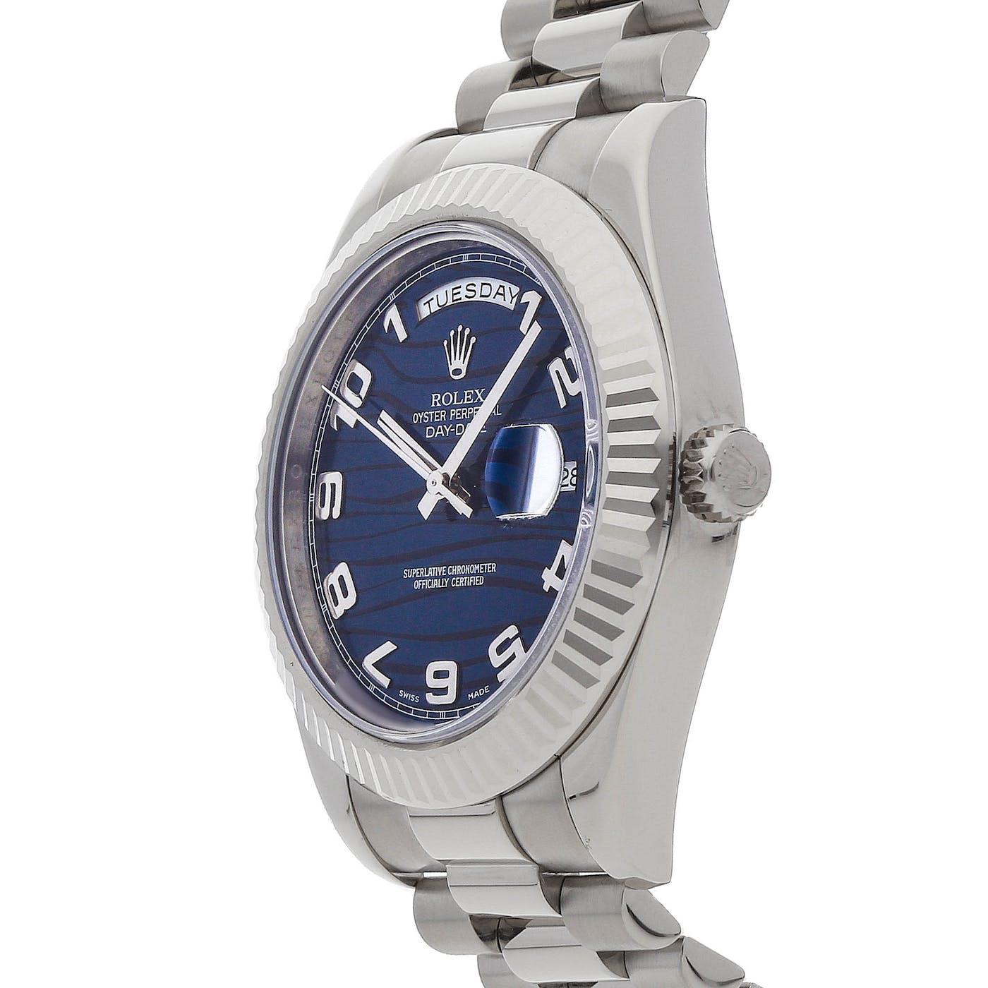 Rolex Day Date 2 41mm White Gold Blue Wave 218239 – Clock Concierge